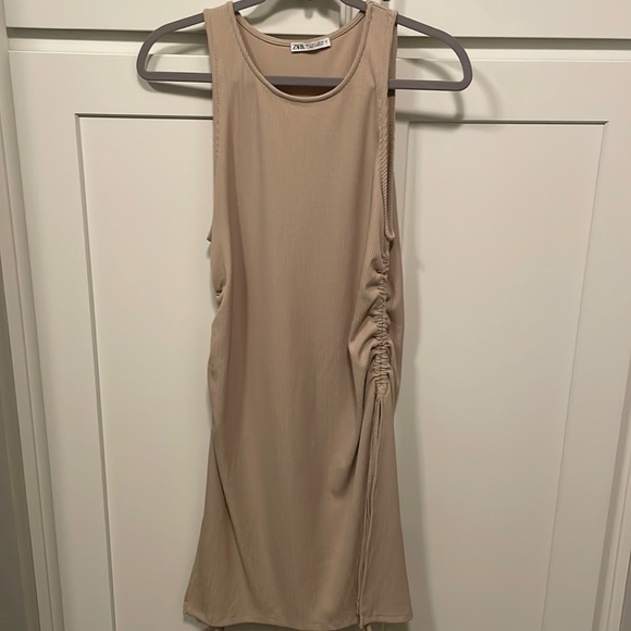 Zara | Dresses | Super Cute Tan Dress With Side Drawstrings To Change ...